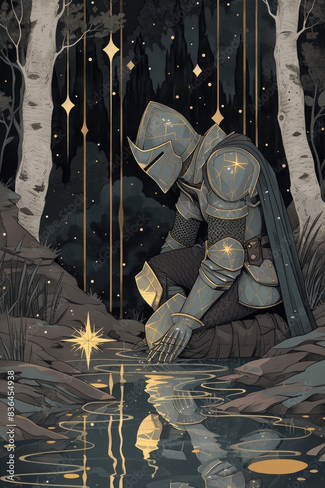 A card-style illustration of A knight kneeling by a stream, reflecting ...