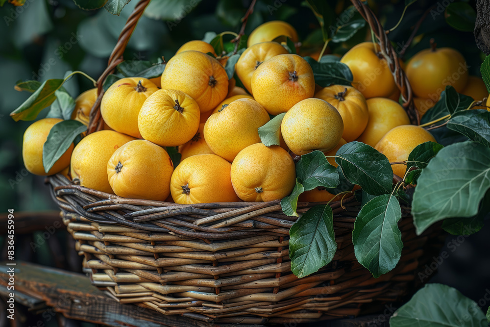 A bushel of tart quinces gathered from a leafy orchard, their golden ...