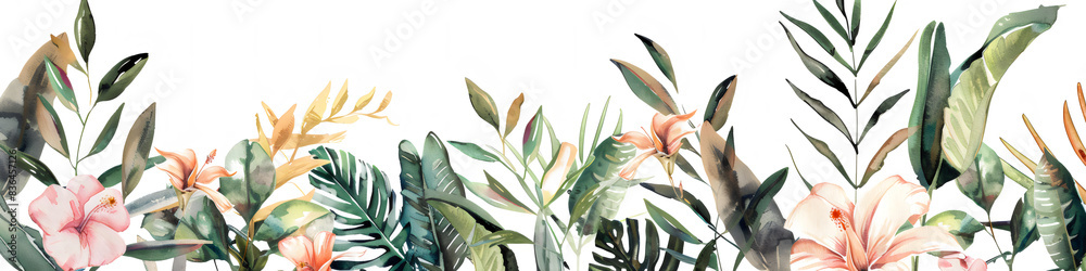 ภาพประกอบสต็อก Border with tropical leaves and flowers isolated on ...