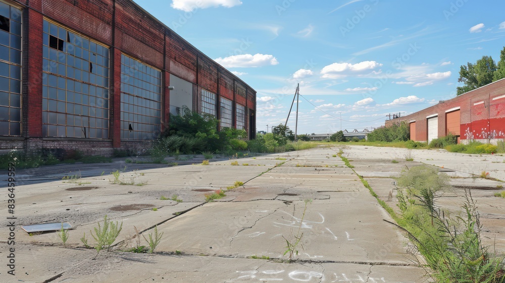 Interior photo of empty warehouse building unkempt yard, yard overgrown ...