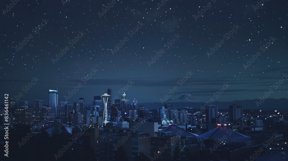 Seattle skyline and Space Needle, classic design aesthetics, soft ...