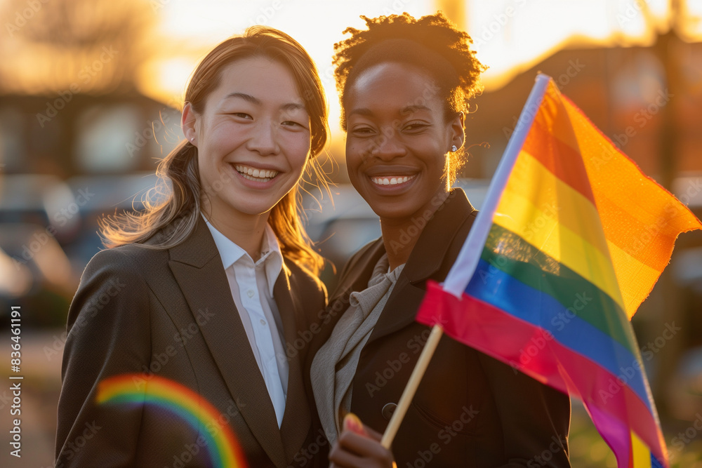 Foto de Happy multiethnic gay female colleagues celebrating lgbtq pride ...