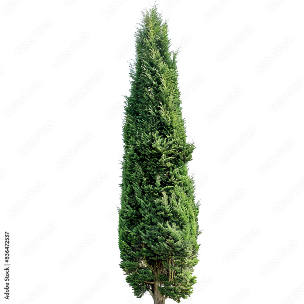 A tall, slender cypress tree with a conical shape and dark green ...