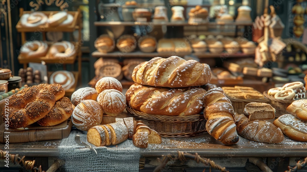 Design a digital image of a charming bakery stall at the fresh market ...