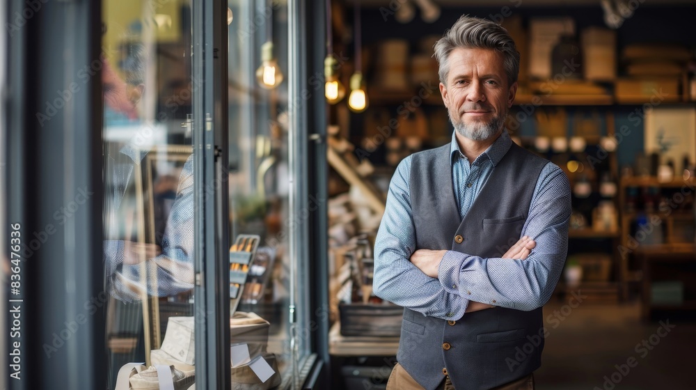 - Confident businessman standing proudly in his storefront., A ...