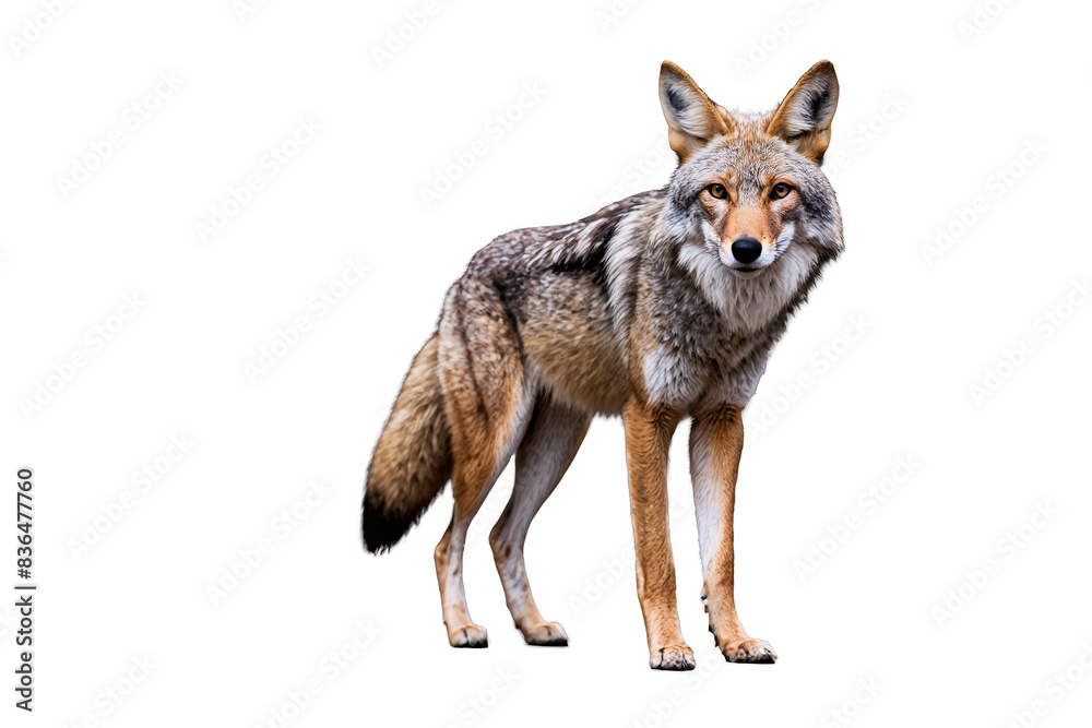 Realistic image of a coyote alert and standing, isolated on a ...