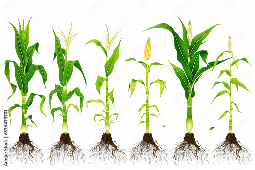 Life cycle of corn maize plant. Growth stages from seeding to flowering ...