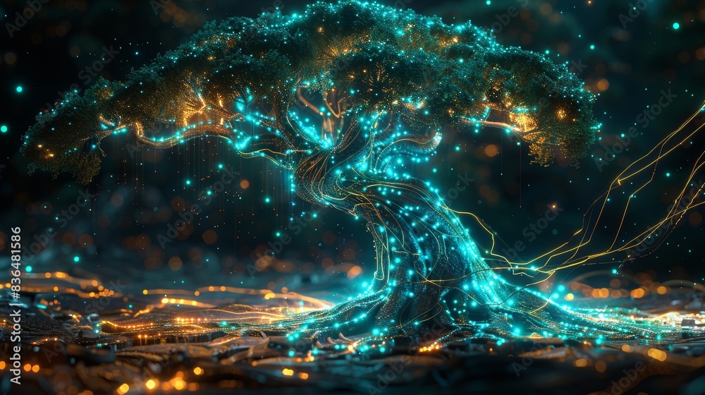 A tree with blue and green computer circuits running through the roots ...