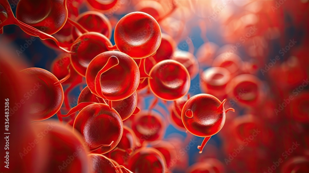Photograph of a close-up view of red blood cells flowing through a ...