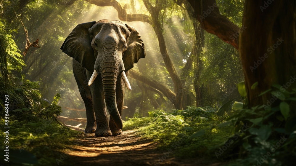 Photograph of a majestic elephant striding gracefully through a lush ...