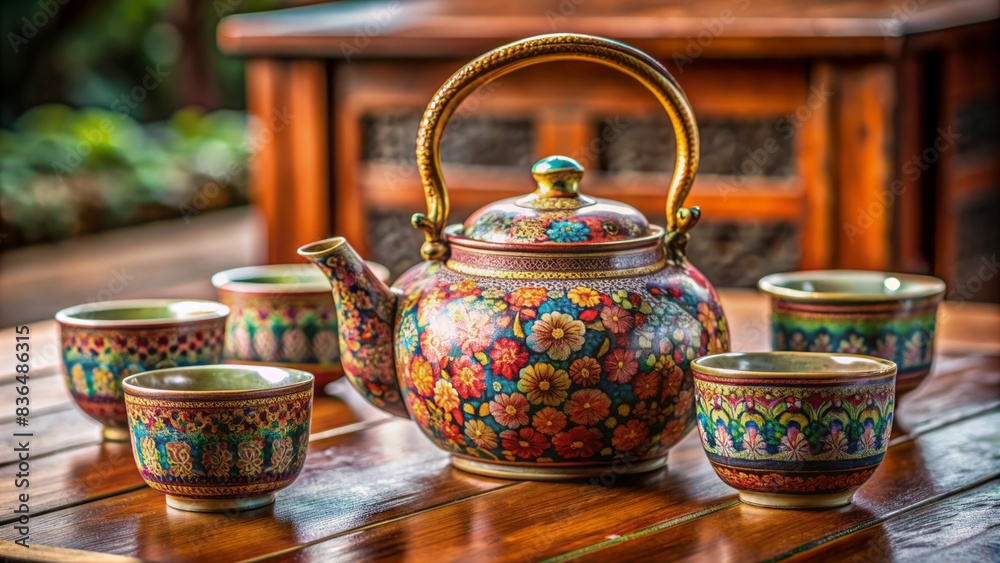 Intricately decorated ornate traditional chinese teapot and cups ...