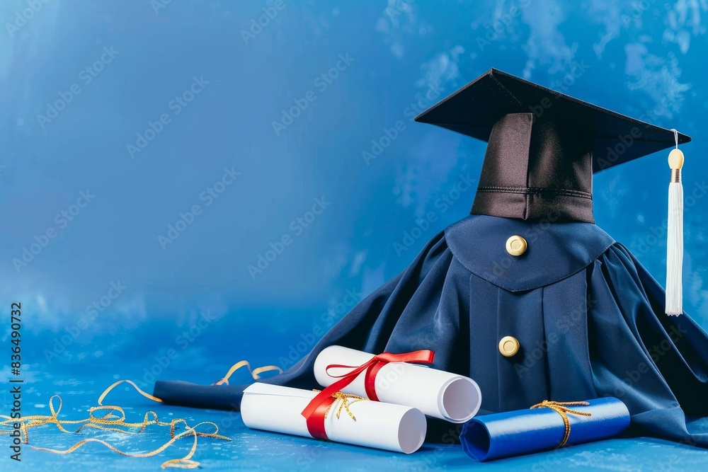 Graduation cap and diploma against a blue background in stunning 4K UHD ...