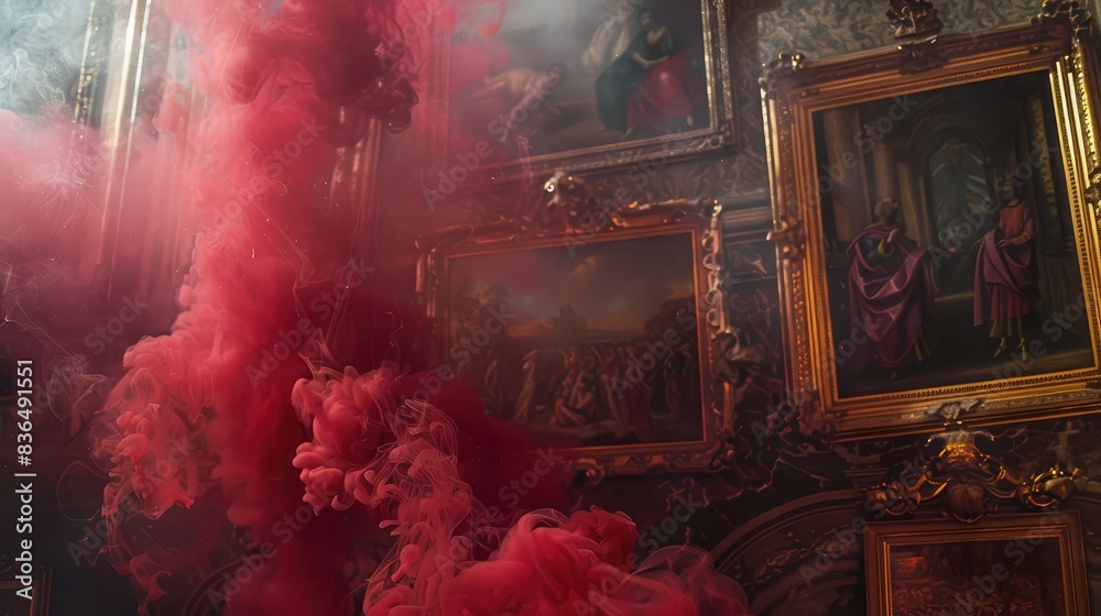 Crimson smoke flows past old master paintings, blending art history ...