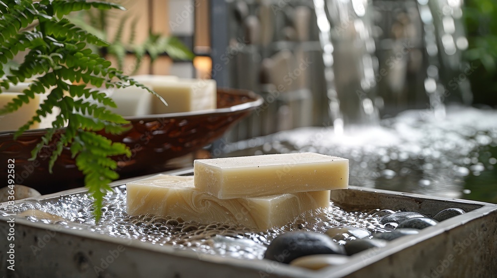 Handcrafted solid shampoo bars in an elegant spa setting, featuring a ...