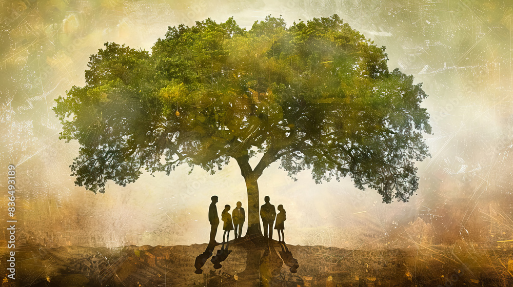 vintage family silhouettes under tree in nature. family trees ...