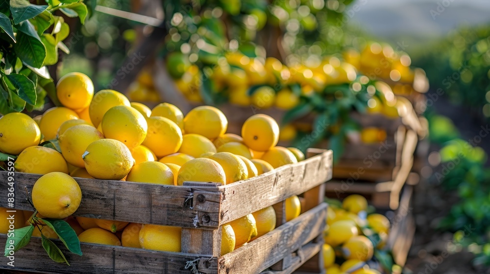 Freshly picked lemons in sturdy crates, stacked and labeled for ...