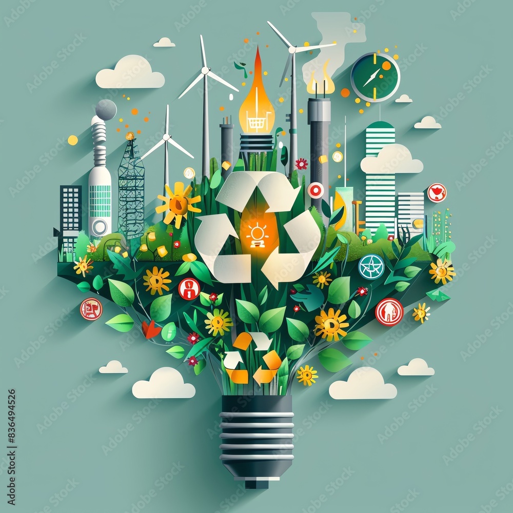 sustainable energy sources, recycle symbols, zero trash initiative ...