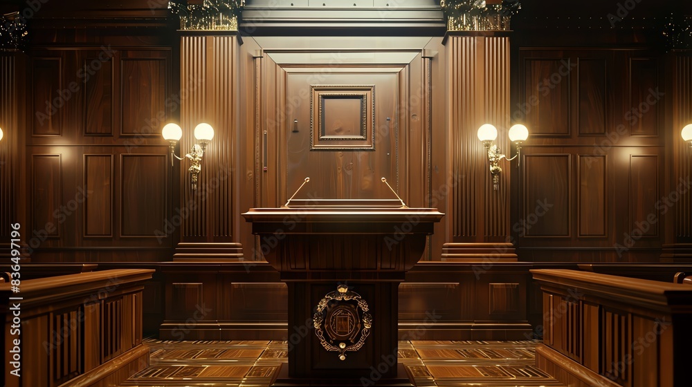 Classic wooden podium with brass accents, in a historic courtroom with ...