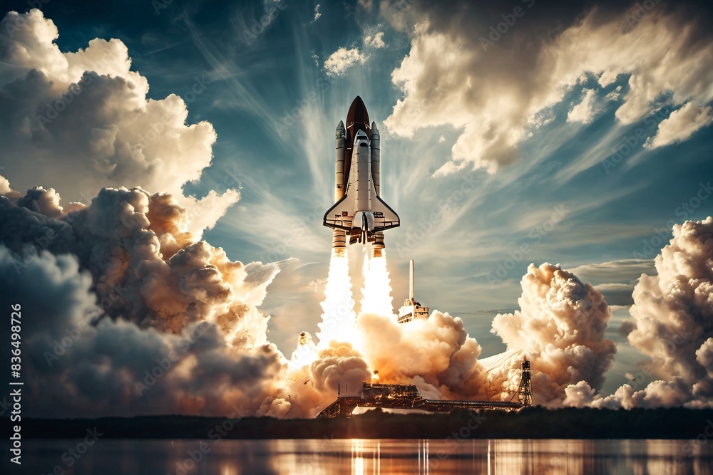To send off the space shuttle from a raft, a space shuttle taking off ...