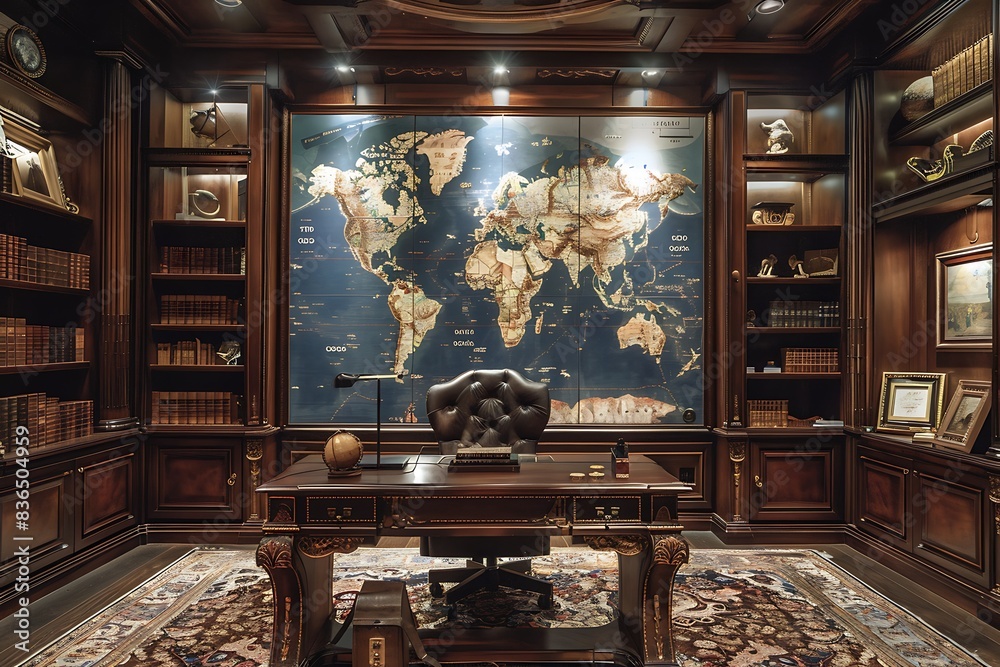A traditional study with deep wood tones and a classic world map mural ...