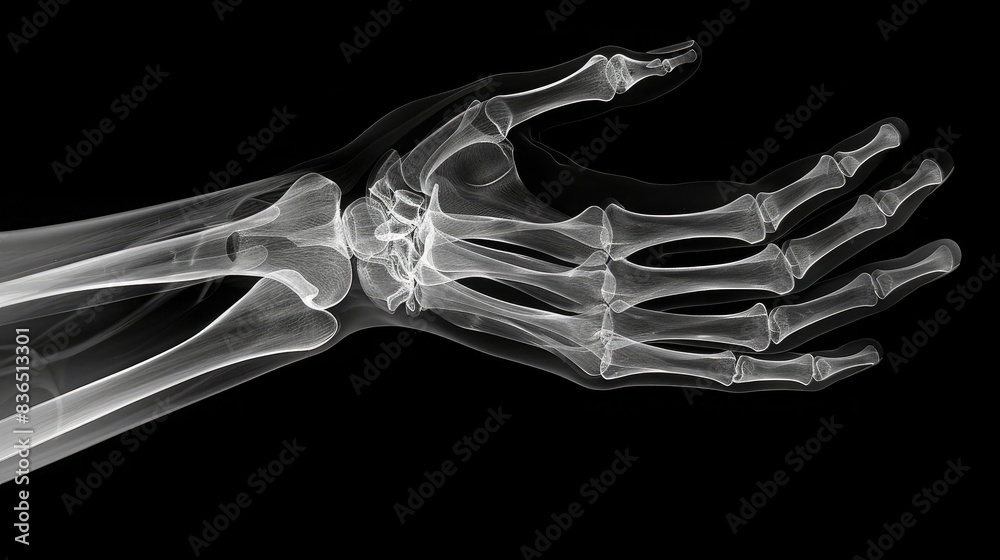 X-ray of a hand holding a small object, highlighting the bones and soft ...