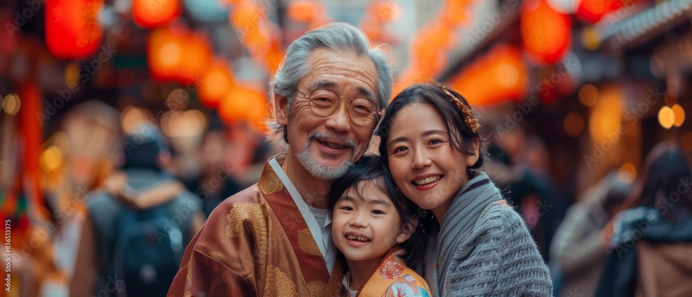 East Asian Family in Traditional Attire at Cultural Festival, Embracing ...