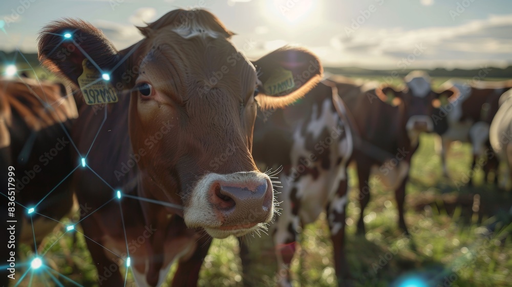 A group of cows equipped with smart ear tags grazes in a field as ...