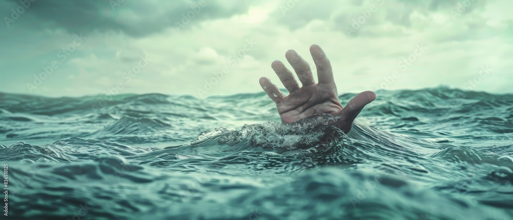 A desperate hand reaches out from the sea, a silent cry for help amidst ...