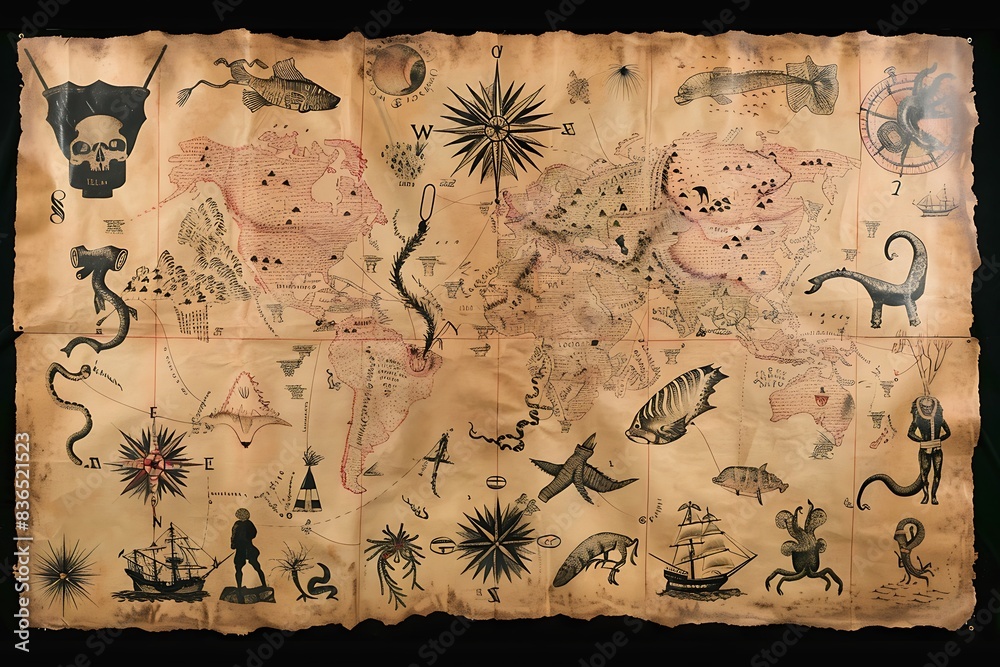 An ancient marinera??s map with mythical sea creatures and navigational ...