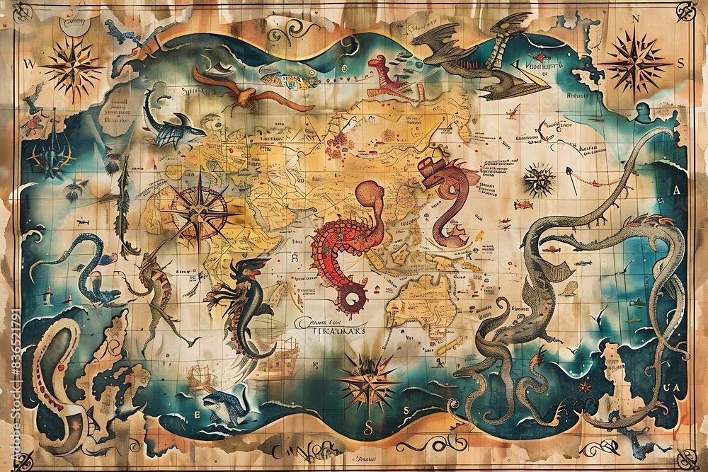 An ancient marinera??s map with mythical sea creatures and navigational ...