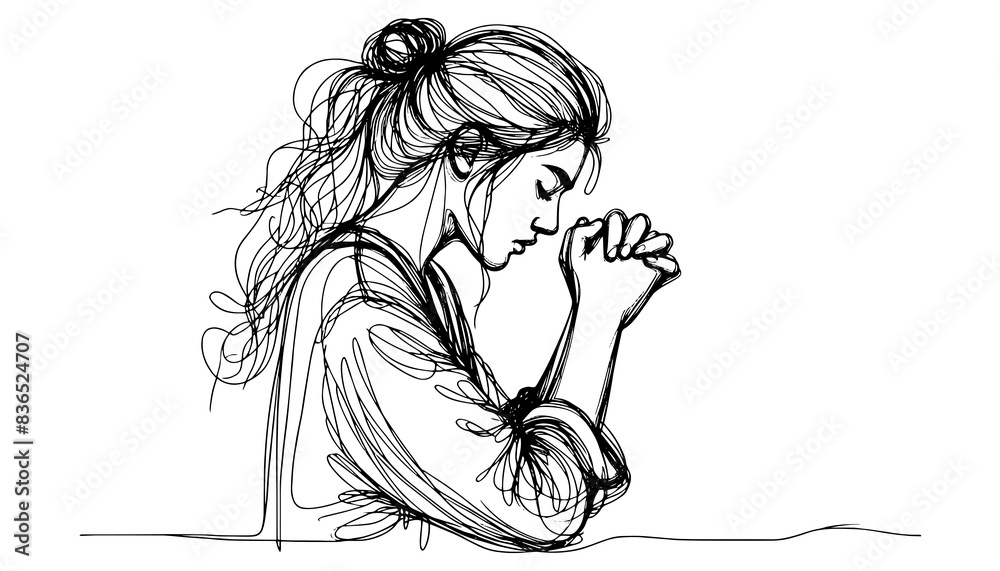 Continuous line drawing of Christian women prayer. Illustration woman ...