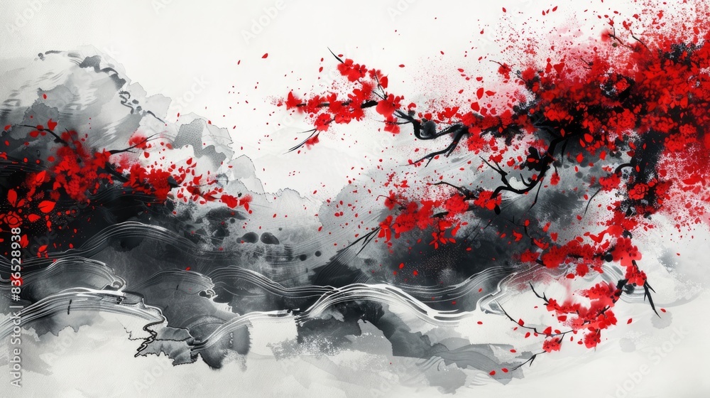 Abstract chinese, japanese ink calligraphy painting. Black and red ...