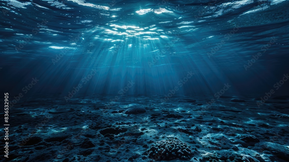 Dark blue ocean surface seen from underwater. Illustration of sun light ...