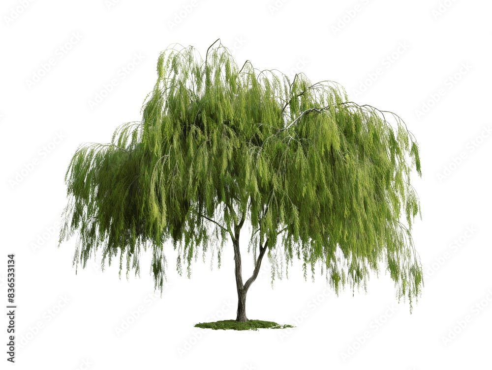 Lush green weeping willow tree with drooping branches and slender ...