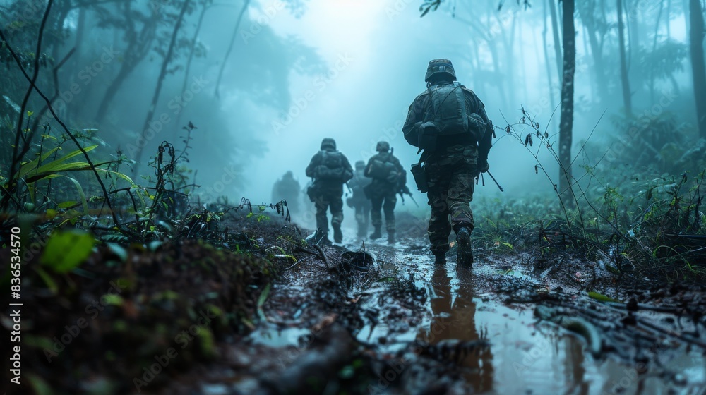 Soldiers navigate a muddy forest path shrouded in fog, with towering ...