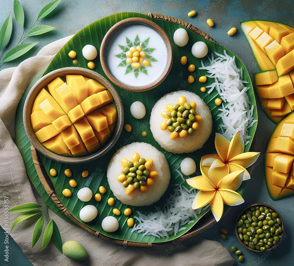 Thai Mango Sticky Rice with Mung Bean and Coconut Milk, Ripe mango ...