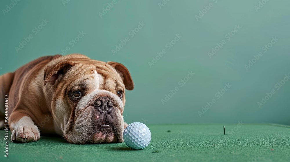 The image shows a bulldog lying on a green background with a golf ball ...