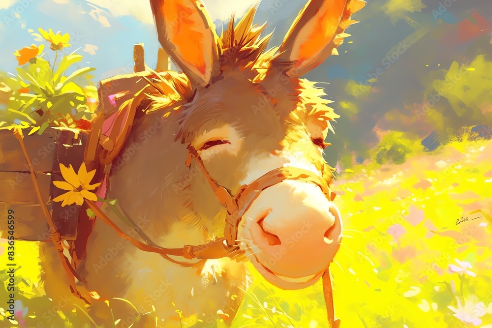 Super cute illustration of a donkey carrying a load, vibrant colors ...