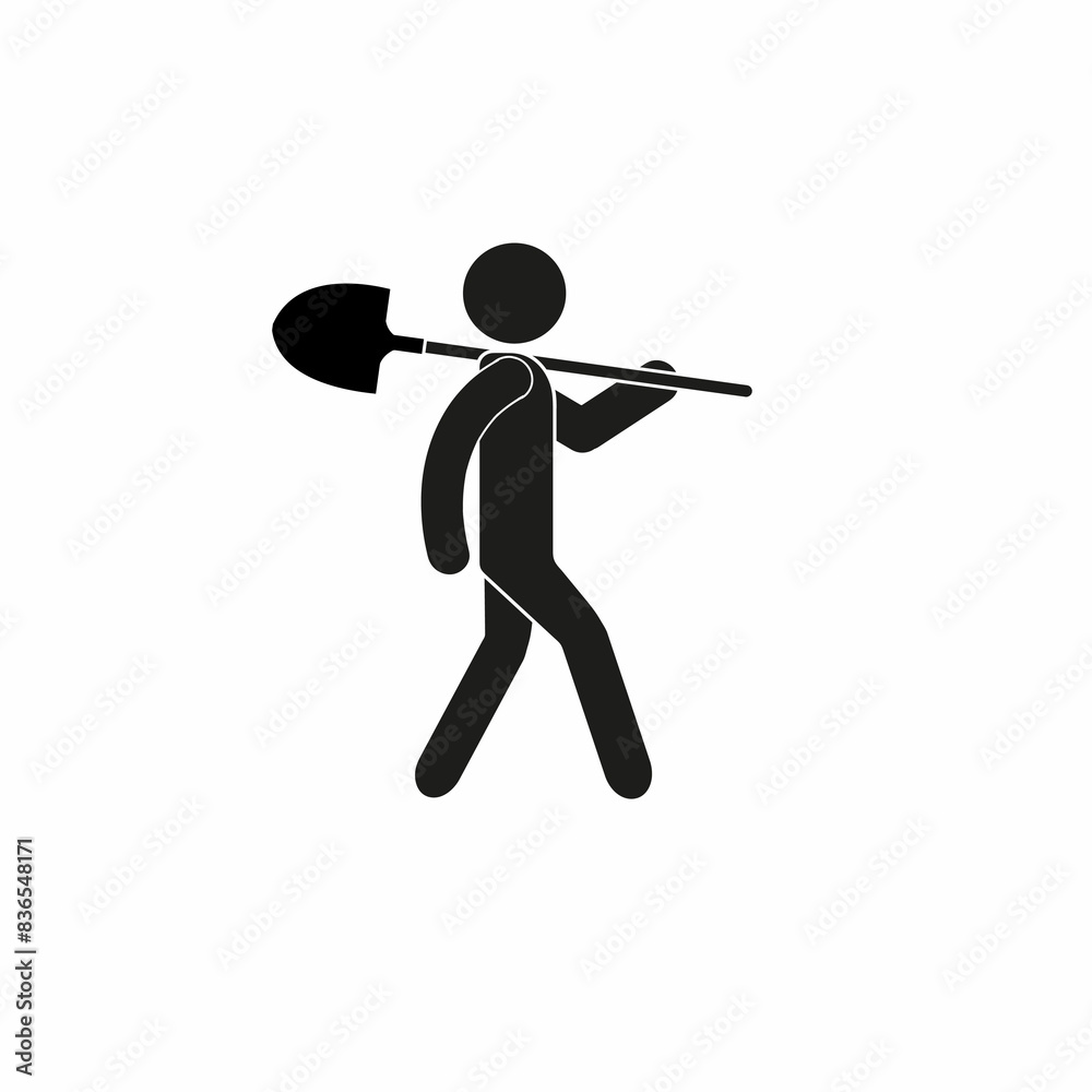 stick man walking, carrying a shovel on his shoulder, figure of a ...