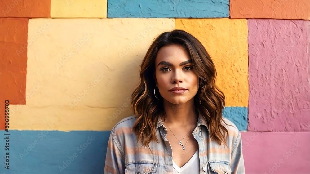 Transgender woman on pride rainbow colorful wall, refers to LGBT Pride ...