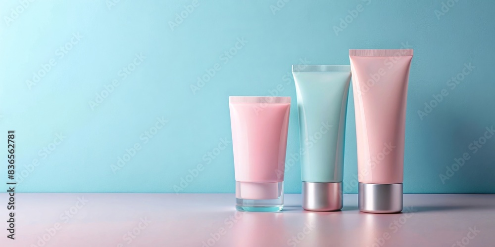 Delicate pale pink and blue cosmetics packaging container on pastel ...