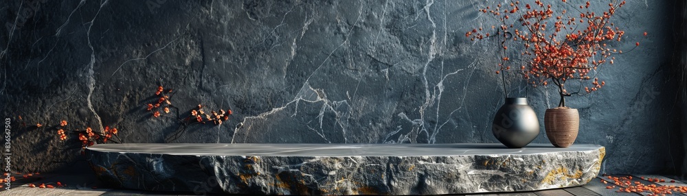 Modern black stone podium with an uneven, artistic design, standing in ...