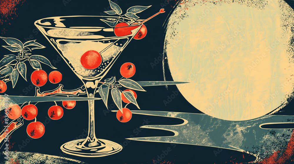 A traditional Japanese woodblock print style of a martini glass ...