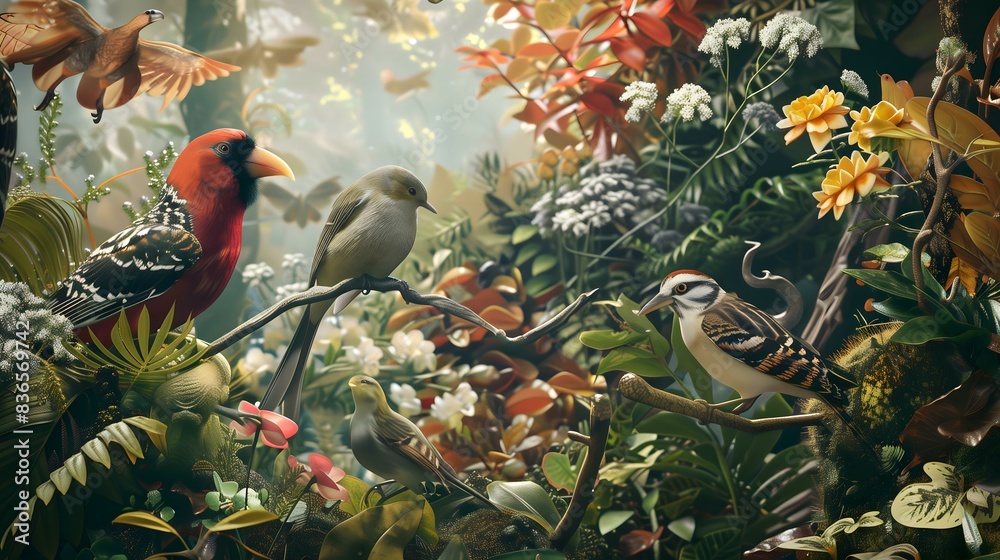 Illustrations show the vibrant biodiversity of a specific ecosystem ...