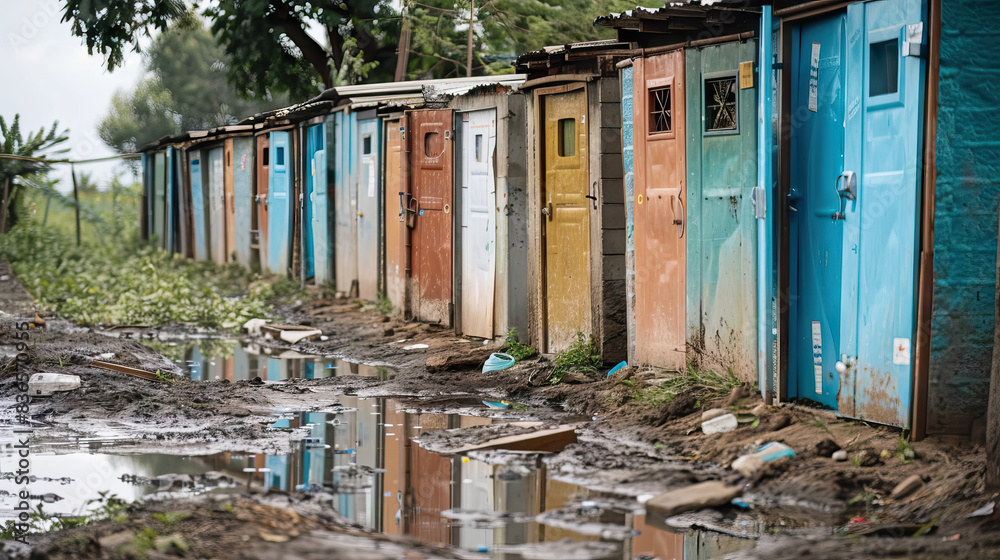 row of bathroom in a slum, symbols for clean water and sanitation, such ...
