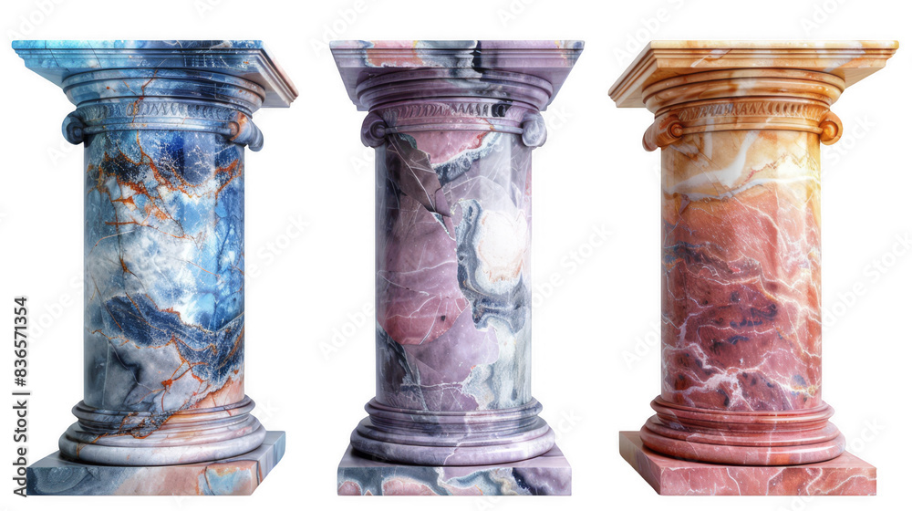 Three pillars of different colors and textures, one blue, one pink and ...