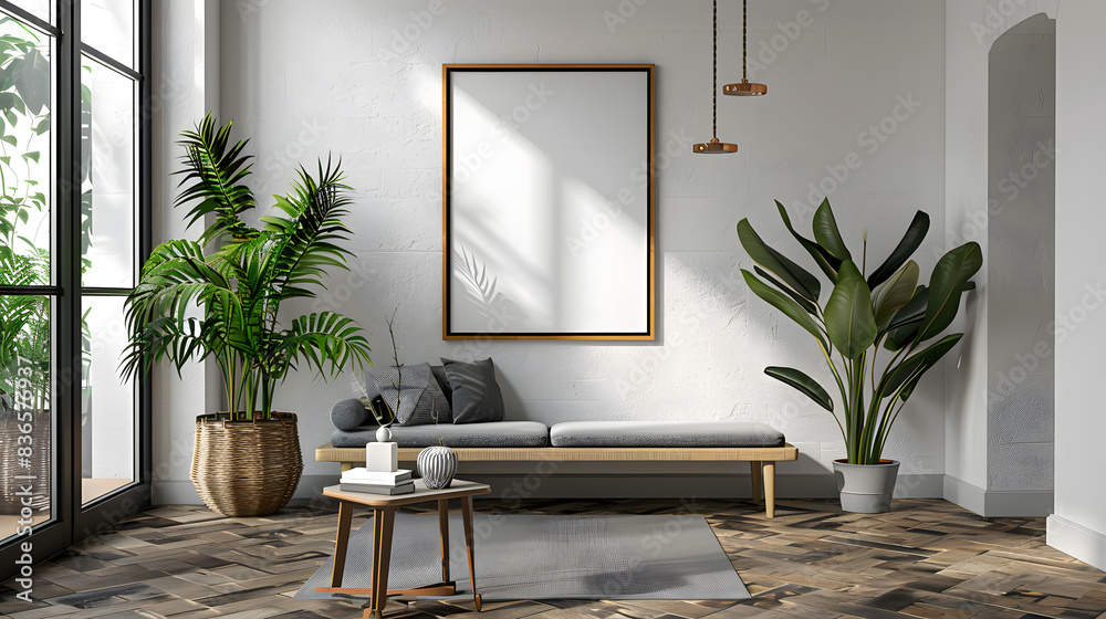 An art poster frame graces the white wall above a gray bench, enhancing ...