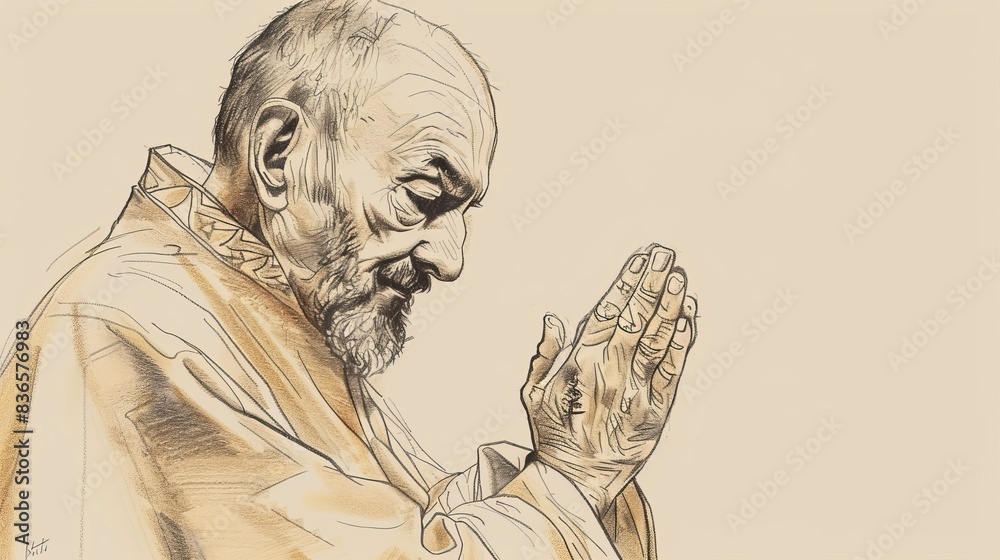 Biblical Illustration of Saint Padre Pio in deep prayer, displaying the ...