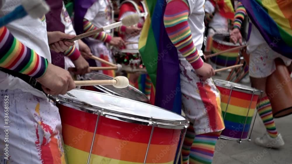 Slow-motion footage of drums performing to celebrate the Pride Month ...