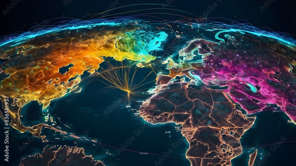 vivid, dynamic colours are used to depict global internet traffic flows ...